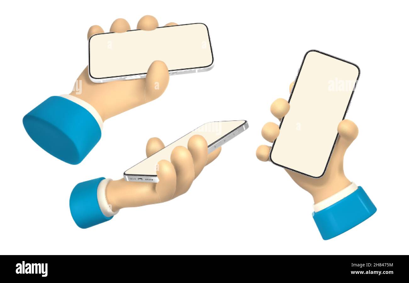 Cartoon character hands with smart phone, scrolling or searching for ...