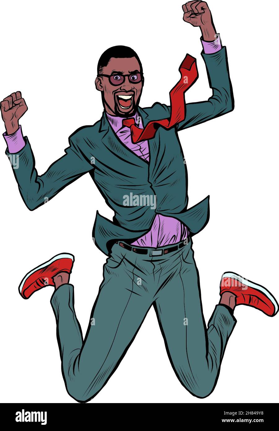 black Businessman jump of joy, victory. Successful dent. Man in a ...