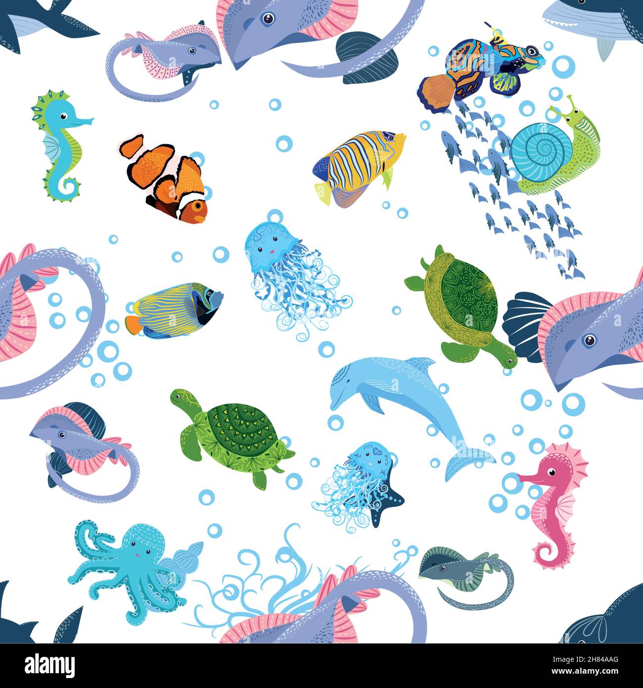 Marine life, fish, animals bright seamless pattern. sea travel ...