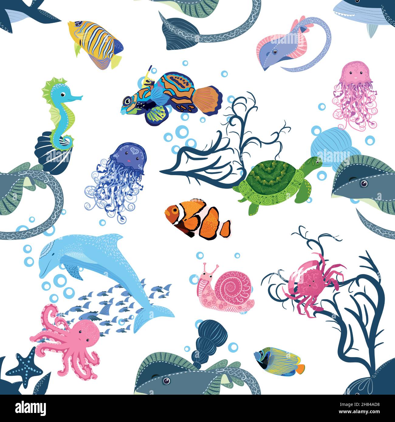 Marine life, fish, animals bright seamless pattern. sea travel ...