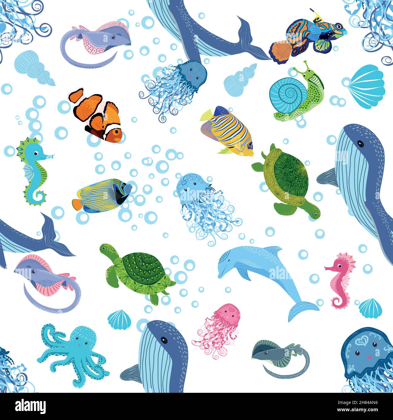 Marine life, fish, animals bright seamless pattern. sea travel ...