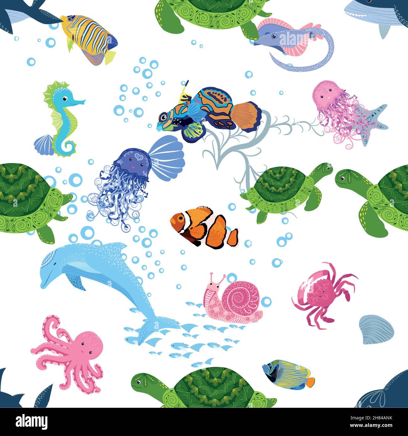 Marine life, fish, animals bright seamless pattern. sea travel ...