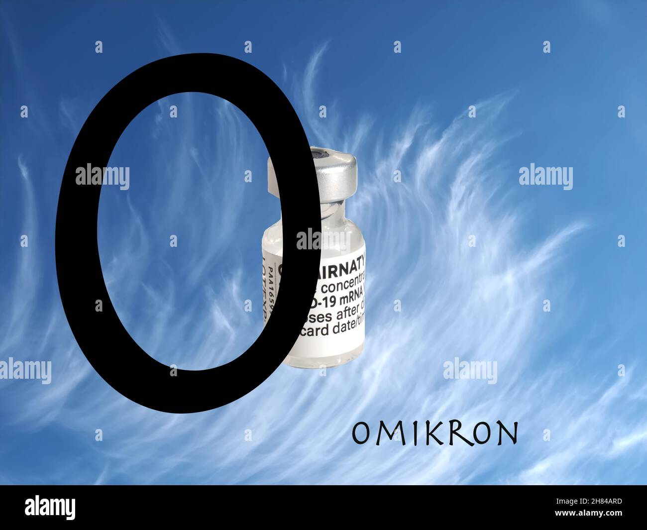 Omikron symbol on cloudy background with Biontech Fizer Vaccine Stock ...