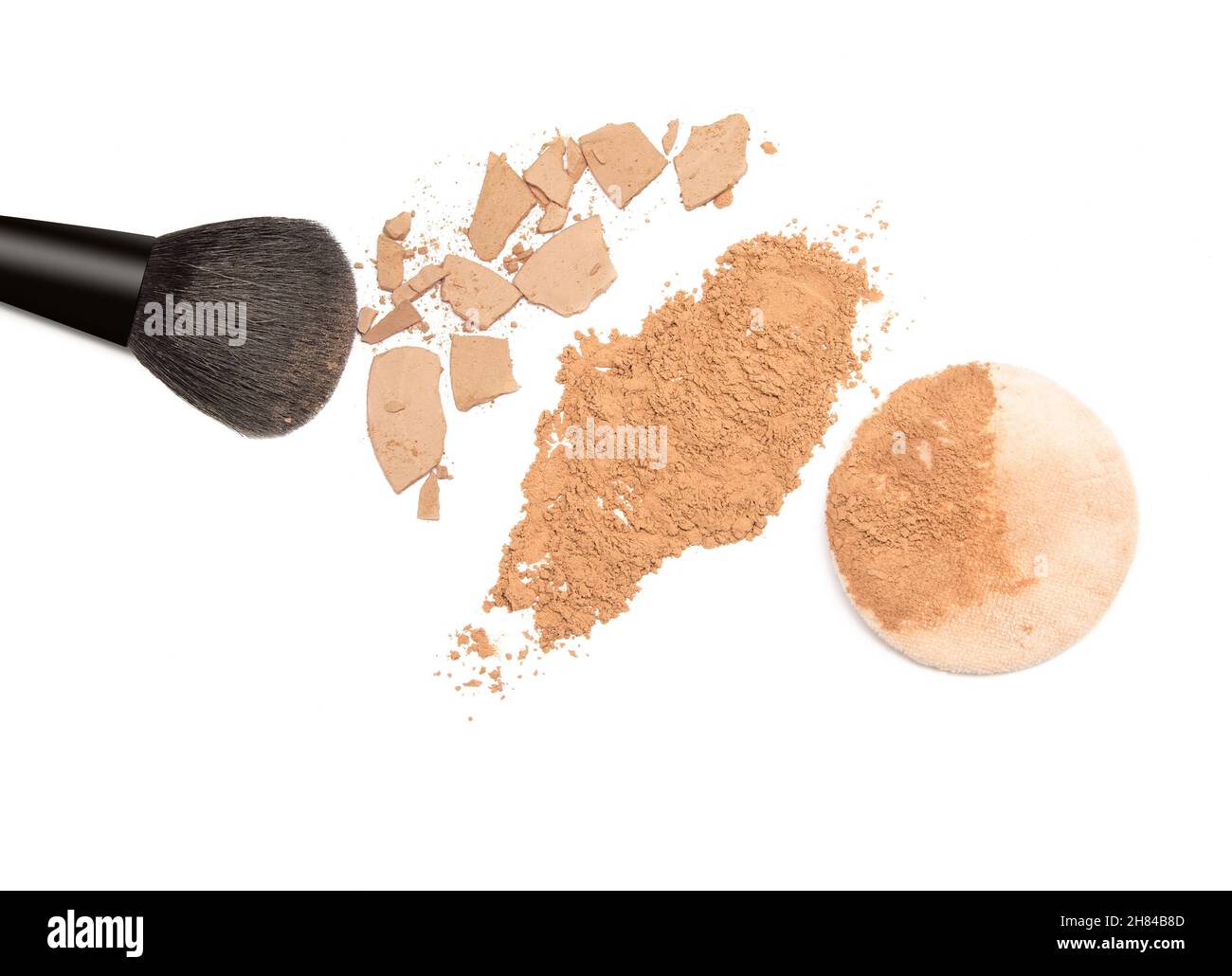 Loose cosmetic powder, crushed compact make-up powder with makeup brush ...