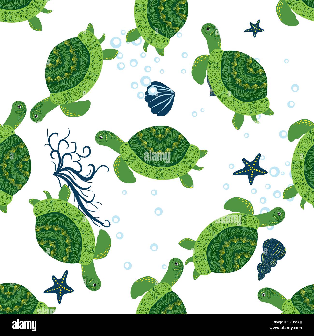Turtle green seamless pattern, beautiful character among seashells ...