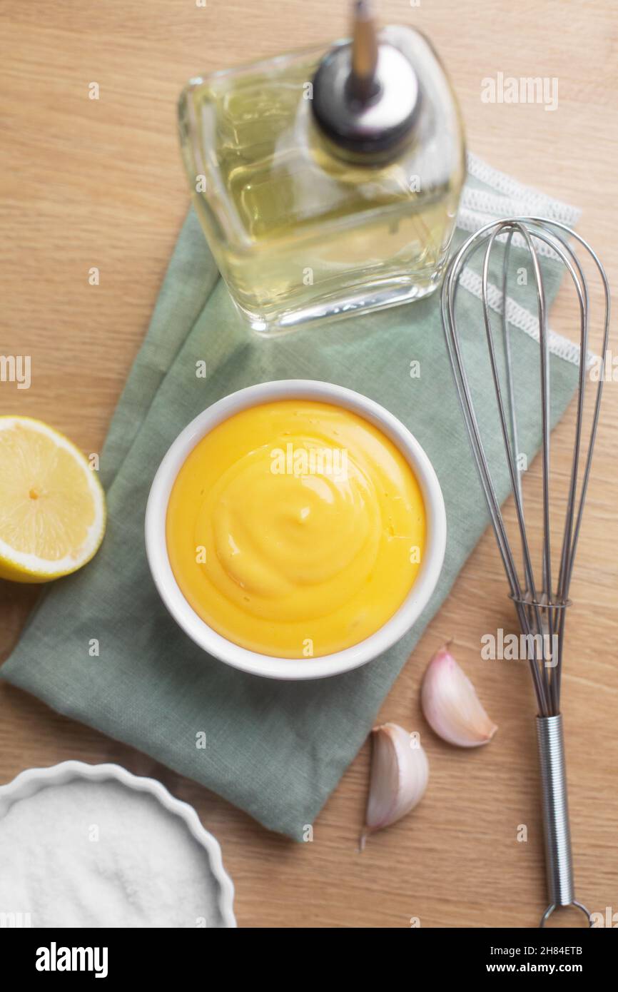Spanish aioli sauce prepared with garlic, oil and eggs yolk. Aioli is ...