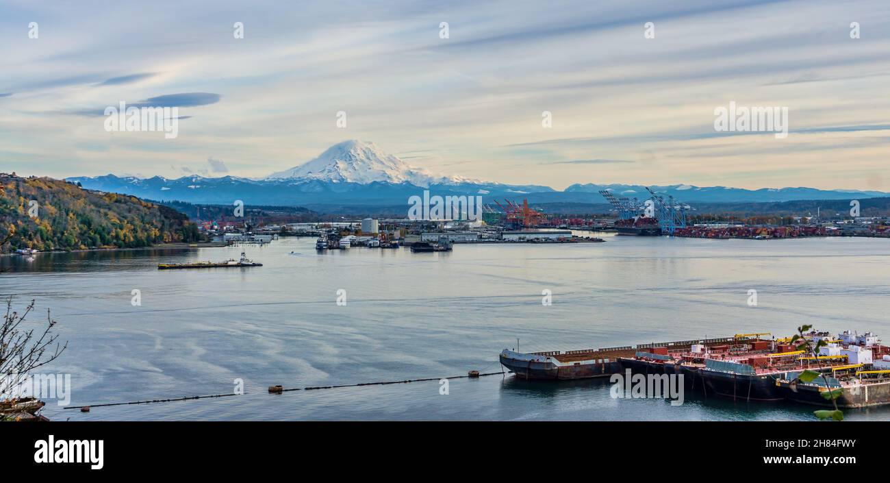 The Port of Tacoma and Mount Rainier in Washington State Stock Photo ...