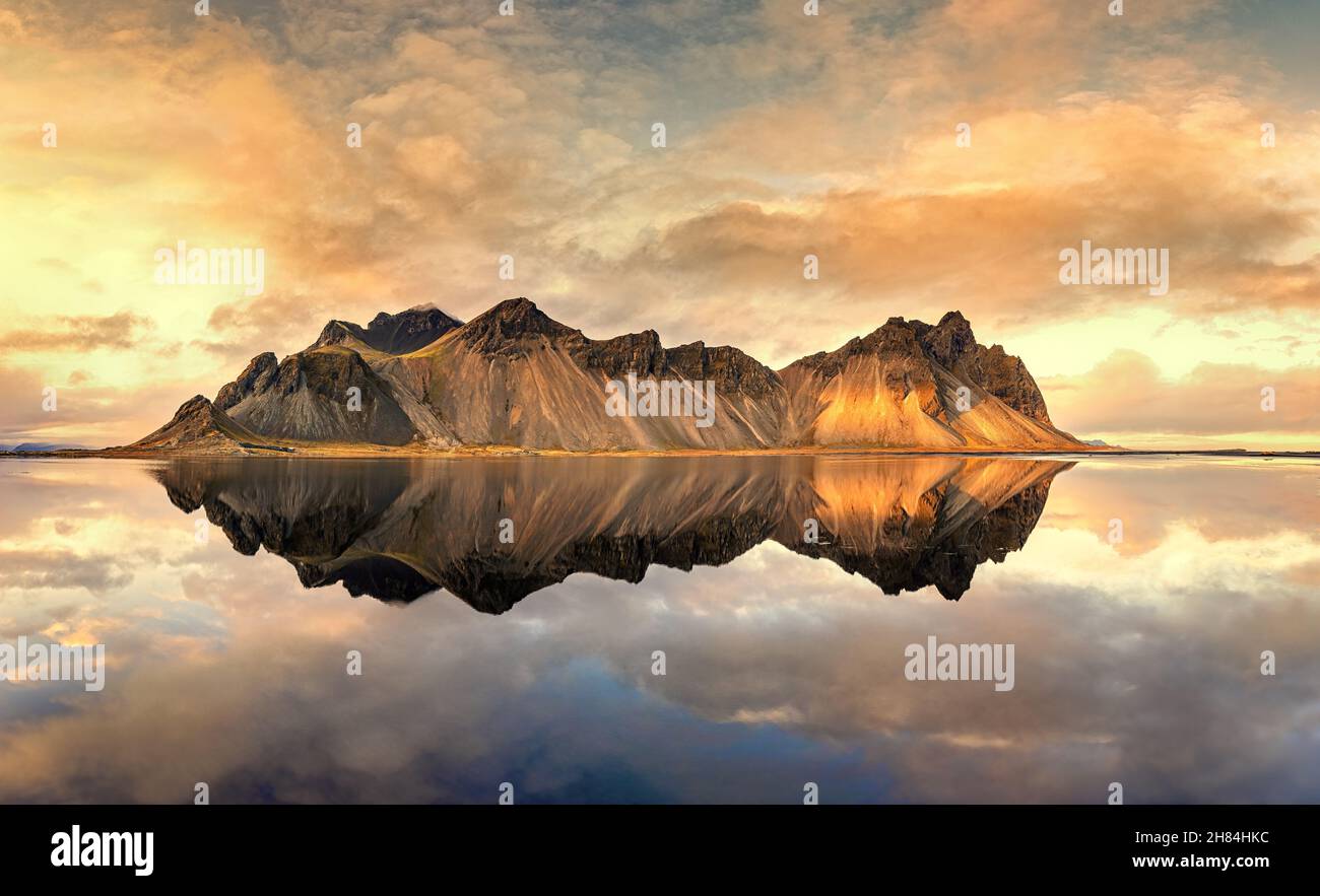 A panorama of sunset at Vestrahorn, Stokksnes peninsula. Golden hour ...