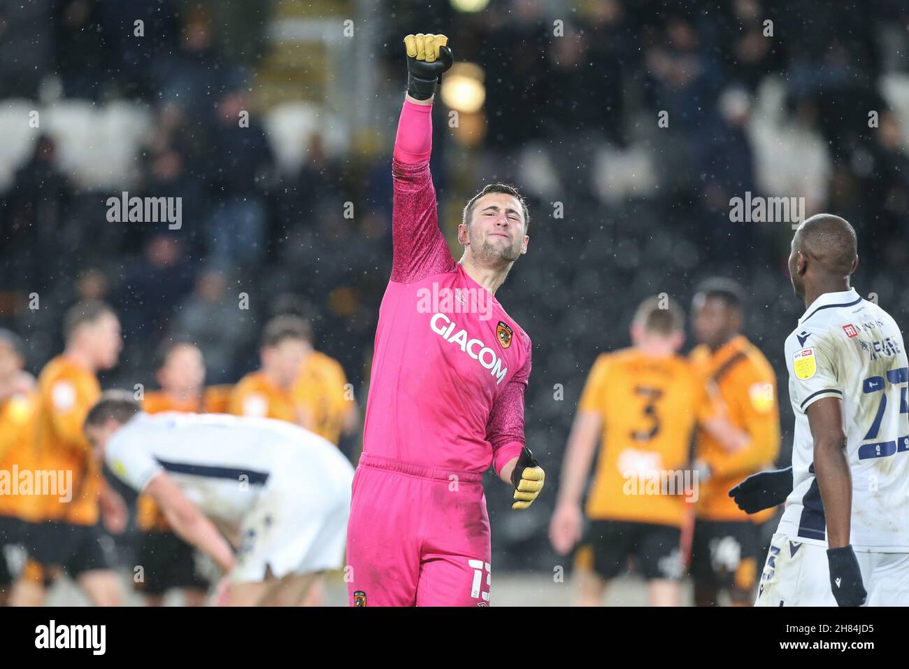 Nathan Baxter #13 of Hull City shows his passion after the victory ...