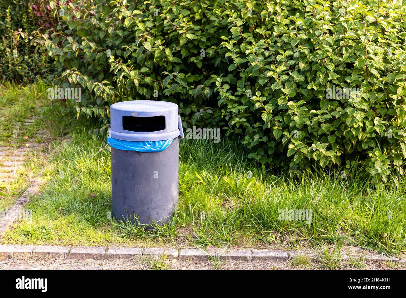 Trash bin on the grass against green bushes Stock Photo - Alamy