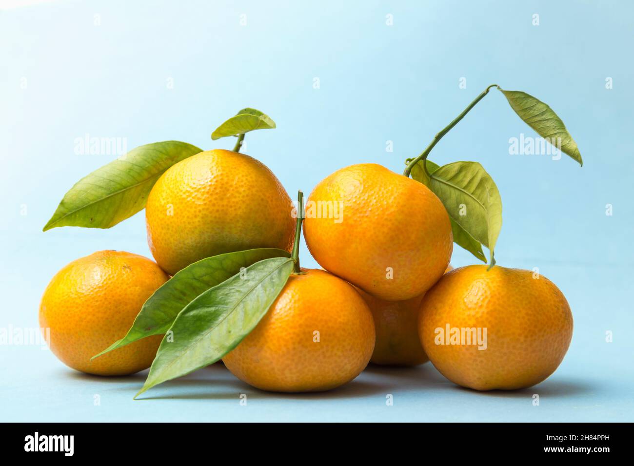 set of stacked tangerines, placed on a blue background Stock Photo - Alamy