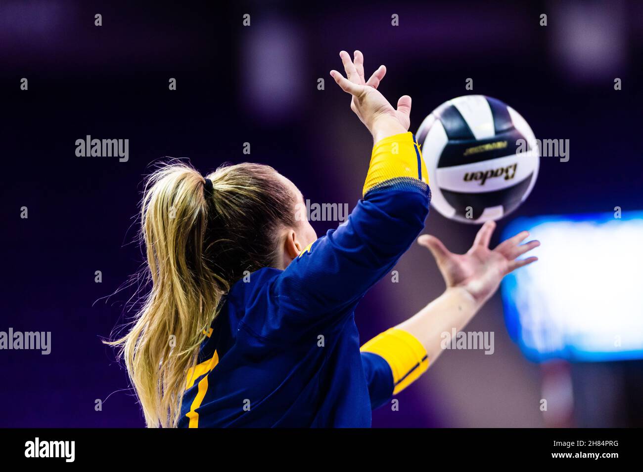 Ft. Worth, Texas, USA. 26th Nov, 2021. WVU's ALEXA HASTING (7) serves ...