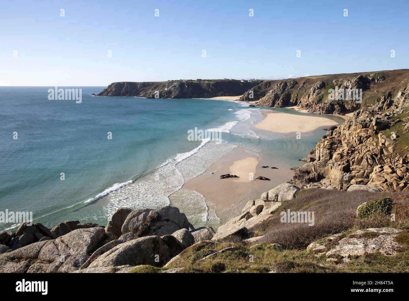 The clear waters of tropical looking Pedn Vounder beach, west Cornwall ...