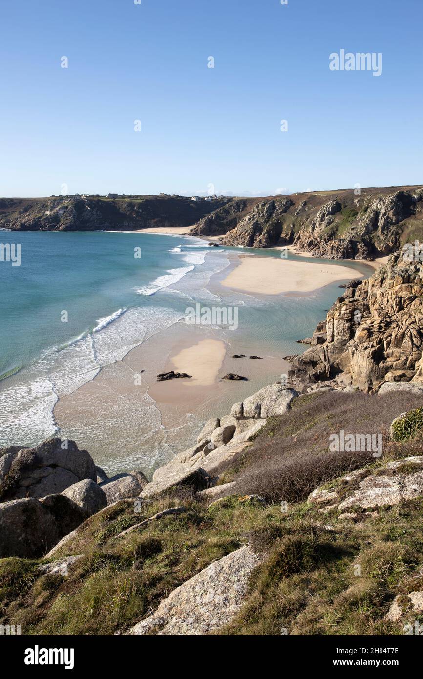 The clear waters of tropical looking Pedn Vounder beach, west Cornwall ...