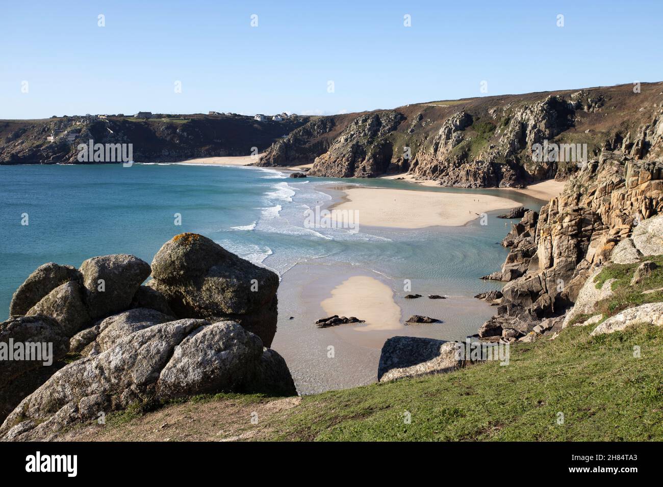 The clear waters of tropical looking Pedn Vounder beach, west Cornwall ...