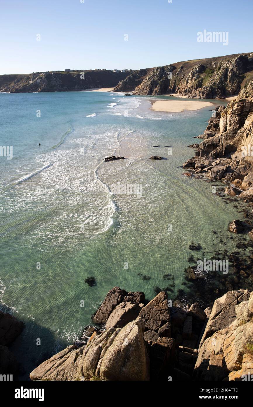 The clear waters of tropical looking Pedn Vounder beach, west Cornwall ...