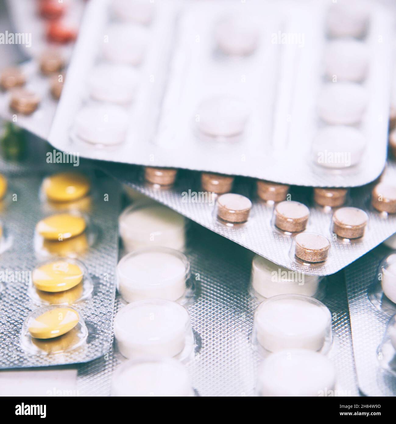 Overall view of pharmaceutical tablets and capsules in packages in ...