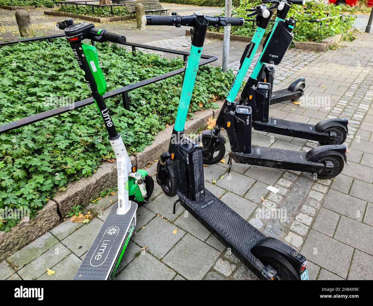 KIEL, GERMANY - Oct 30, 2021: A view of Five e-scooters for rent in the ...