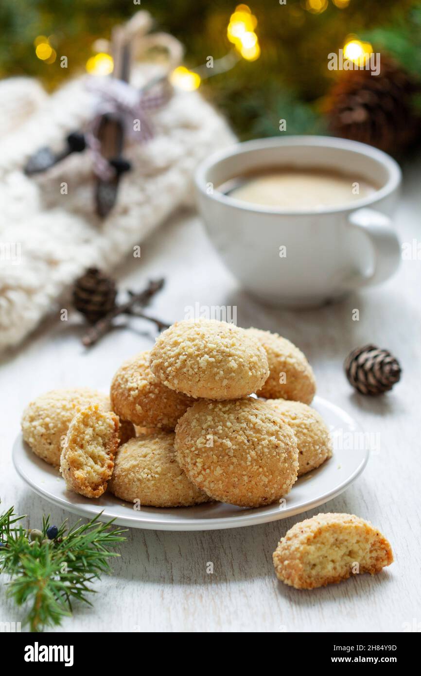 Christmas nut cookies Filbertines served with coffee on a background of ...