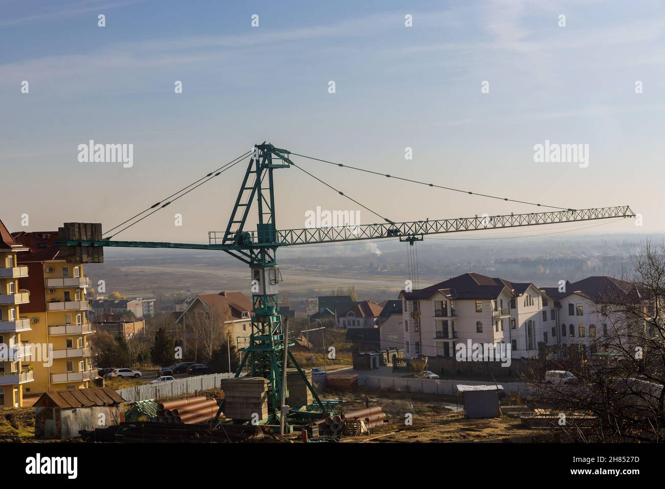 Panoramic top view several construction tower cranes of different ...