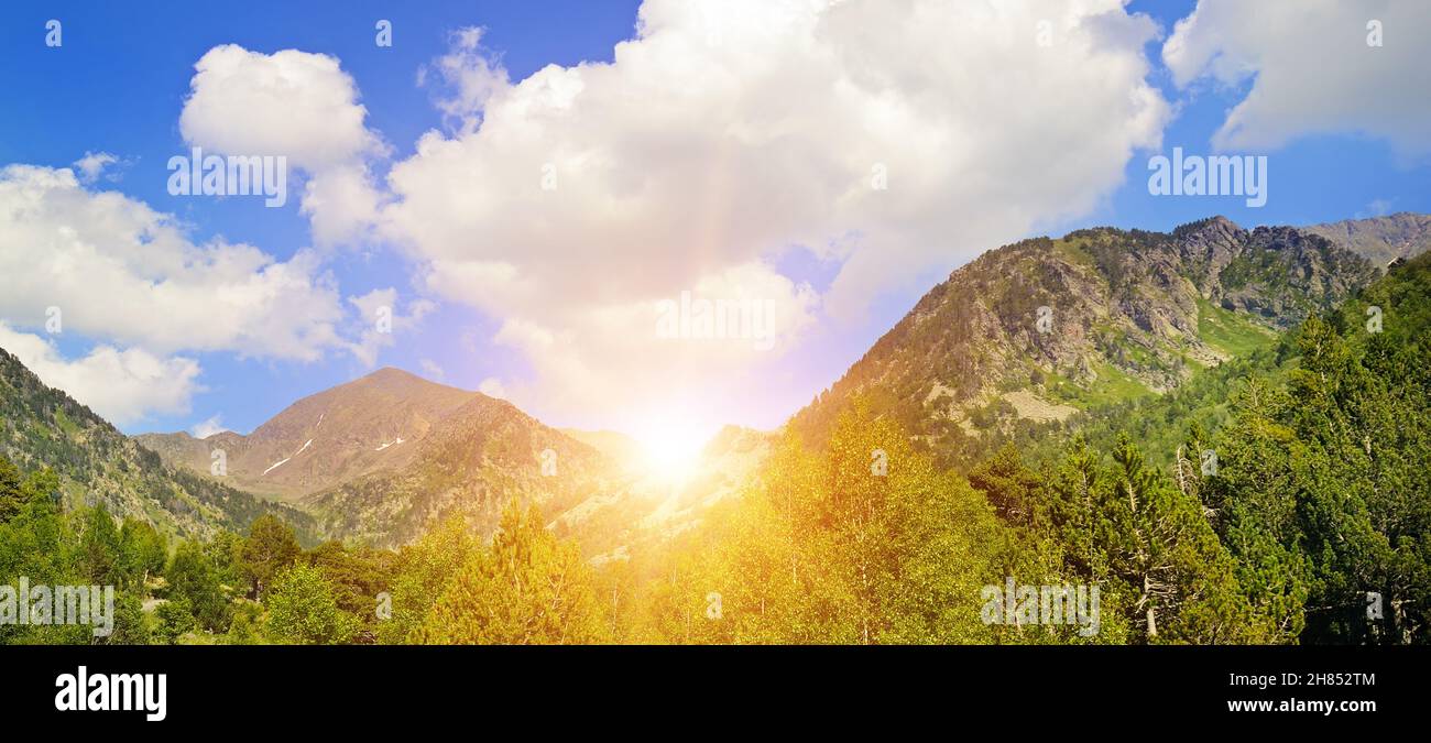 Beautiful mountain landscape and sunrise on sky. Picturesque and ...