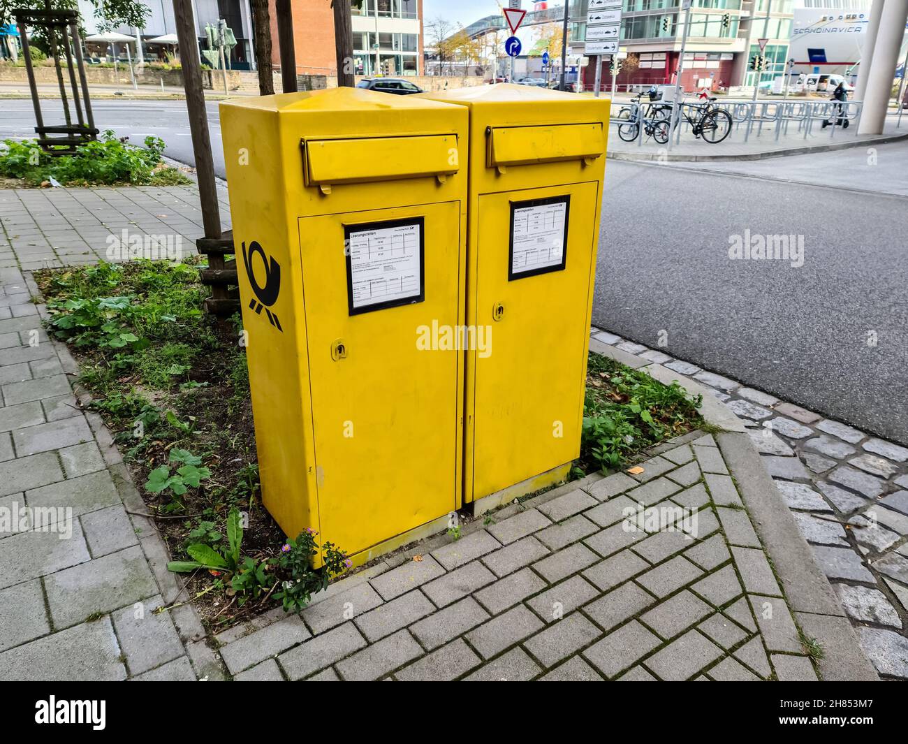 KIEL, GERMANY - Oct 30, 2021: A view of two yellow mailboxes of the ...