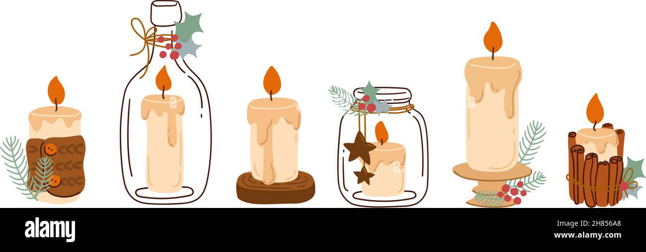 Winter set of candles with Christmas decor. Vector illustration in flat ...