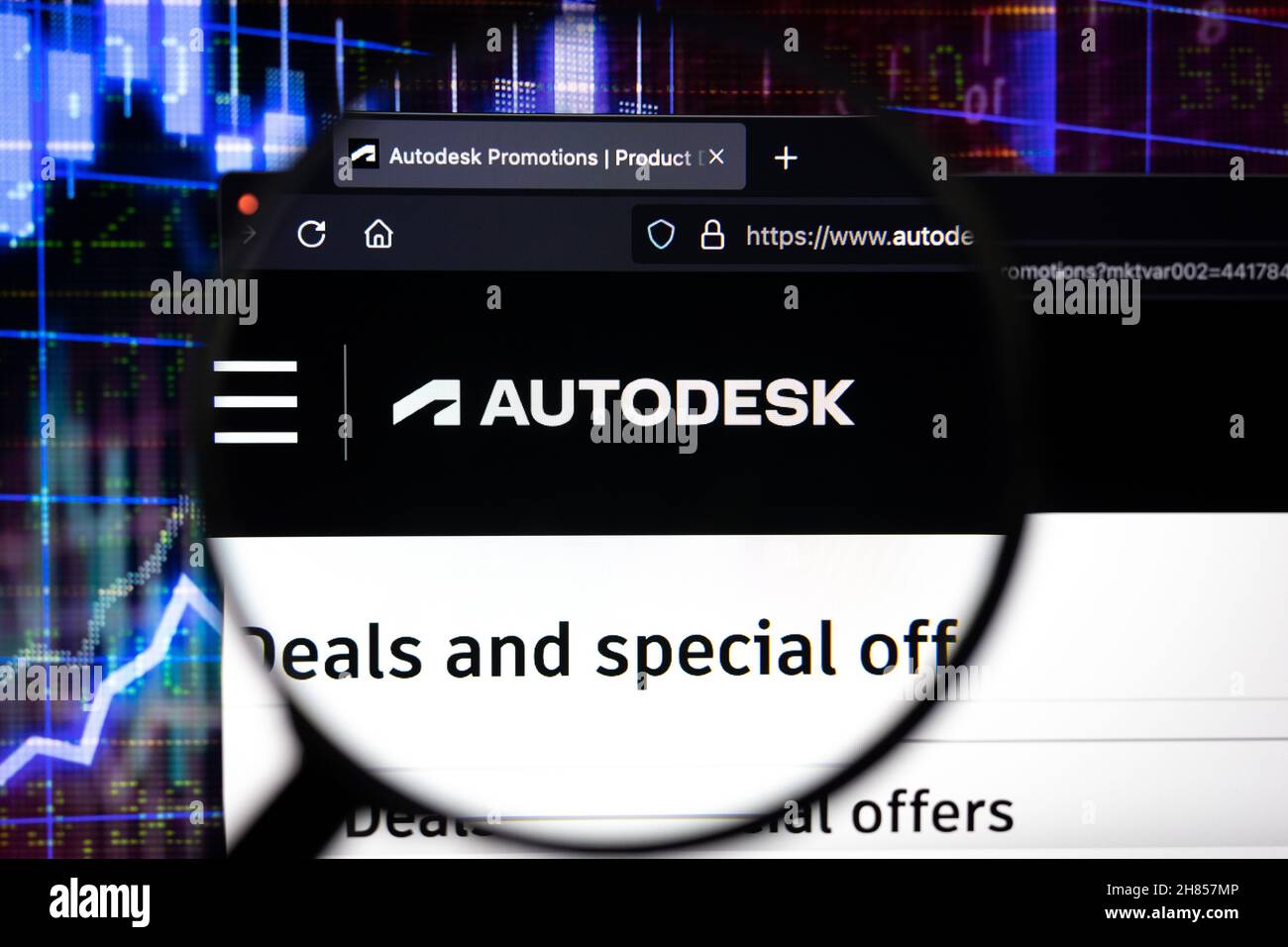Autodesk company logo on a website, seen on a computer screen through a ...