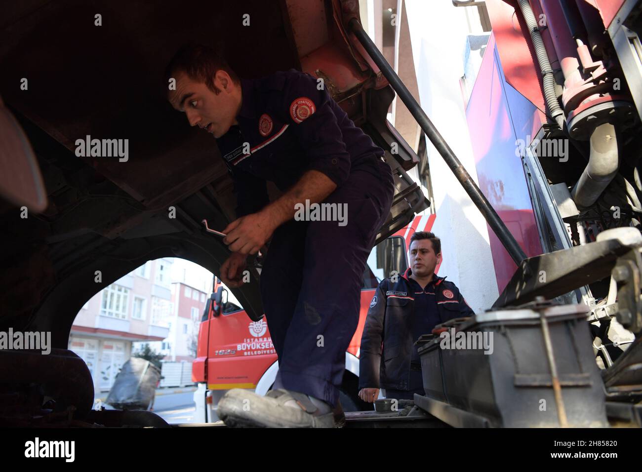Istanbul, Turkey. 22nd Nov, 2021. Firefighters check a fire truck in ...