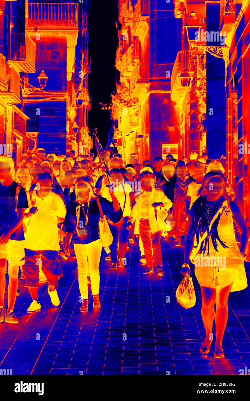 High-tech thermal imager. People and streets are traced by the ...