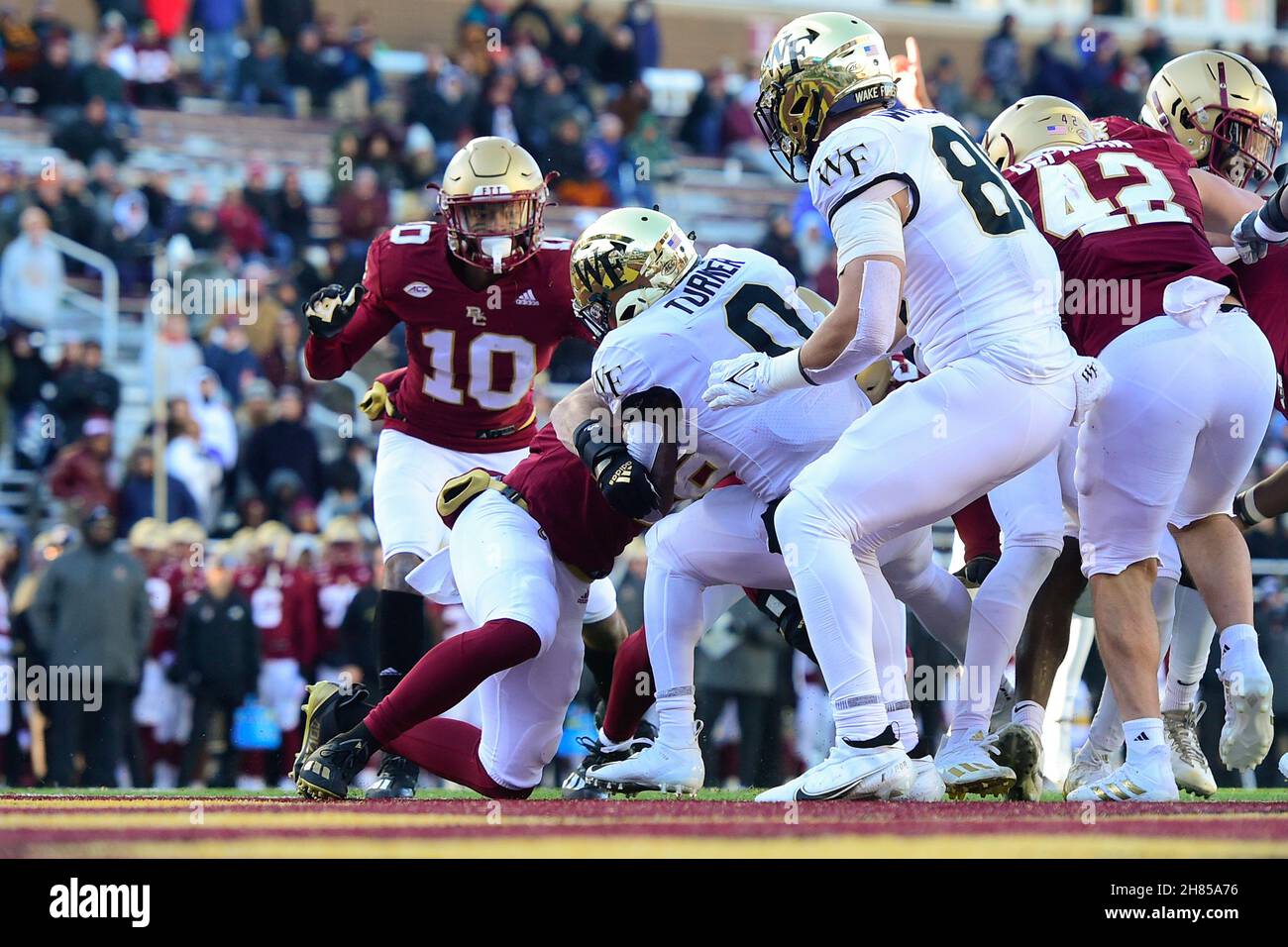 Chestnut Hill, Mass. 27th Nov, 2021. Wake Forest Demon Deacons running ...