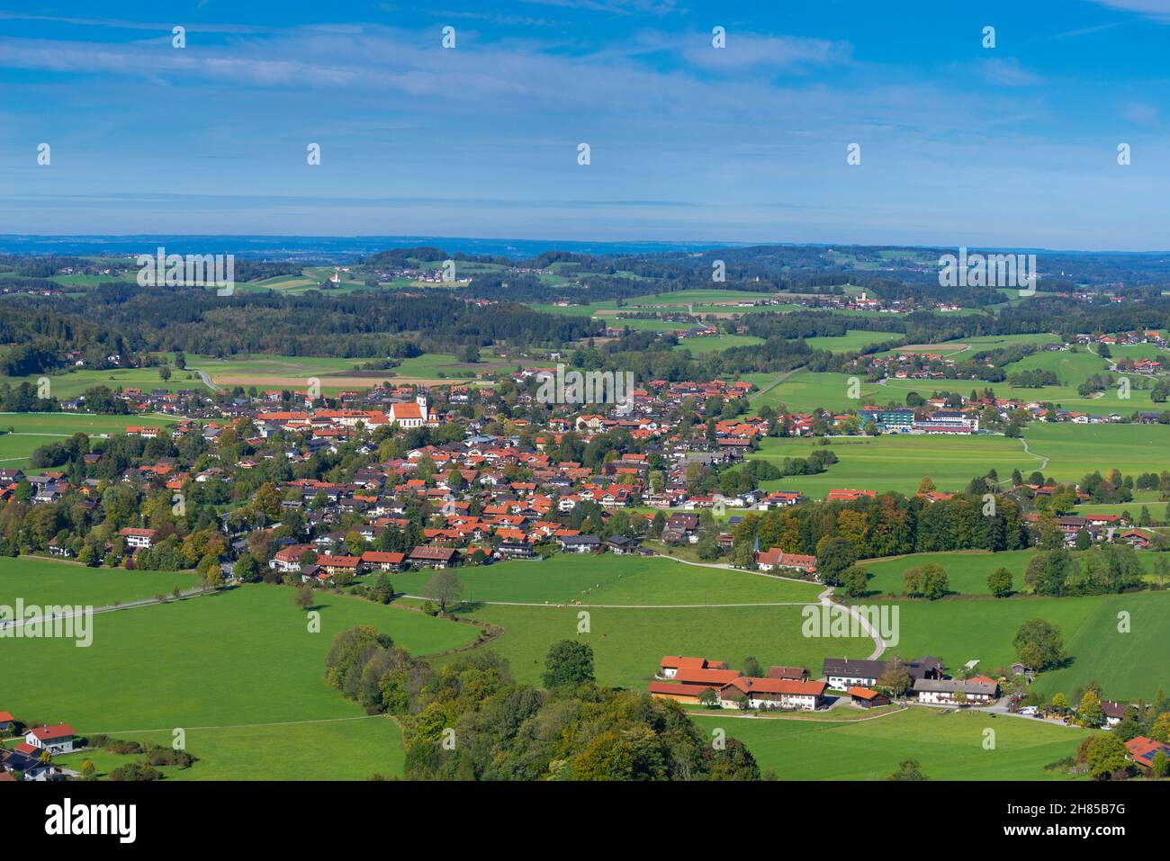 Aerial view of the agricultural landscape with Aschau town in the pre ...