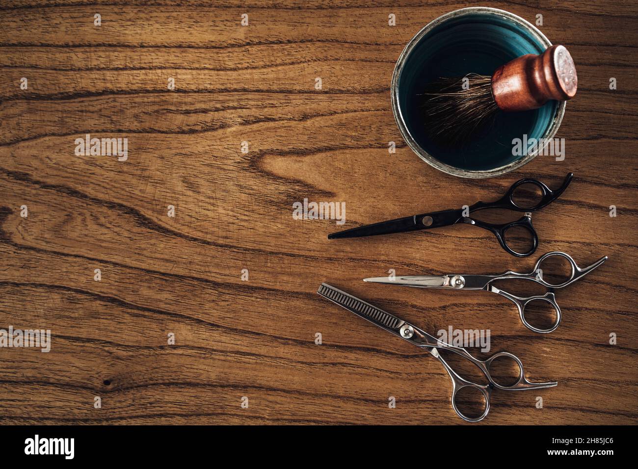 Tools of barber shop on wooden background. Top view. Copy space Stock ...