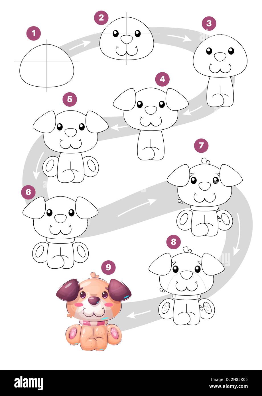 Drawing cartoon character domestic dog, step by step tutorial Stock ...