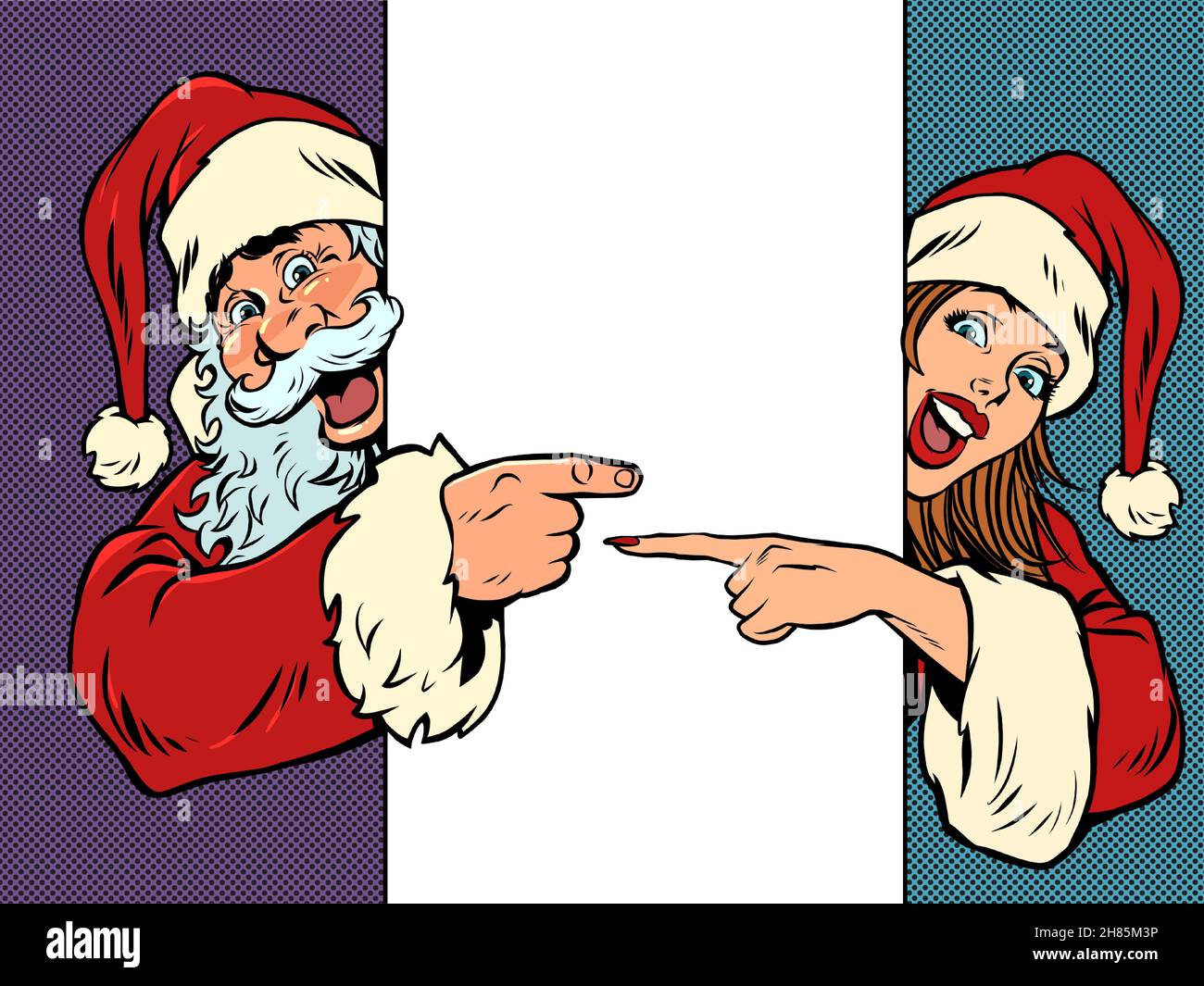 Male and female Santa Claus point to an empty poster. Christmas and New ...