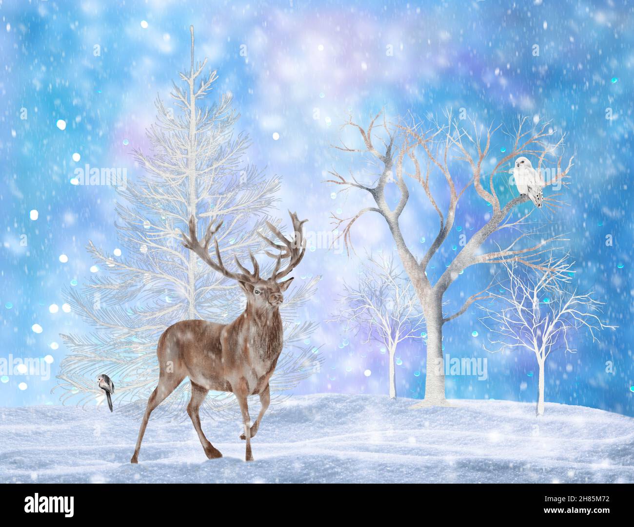 Big buck deer in winter woods with snowy owl and snowflakes Stock Photo ...