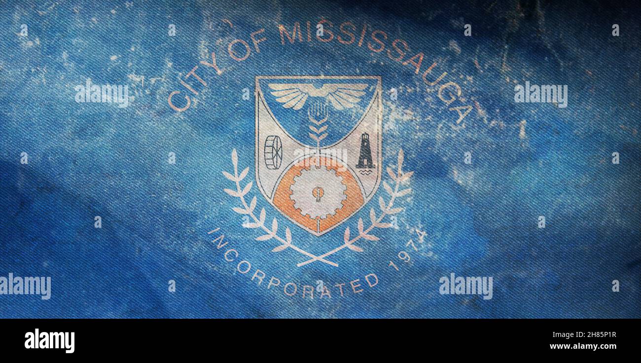Top view of retro flag of Mississauga, Canada with grunge texture ...