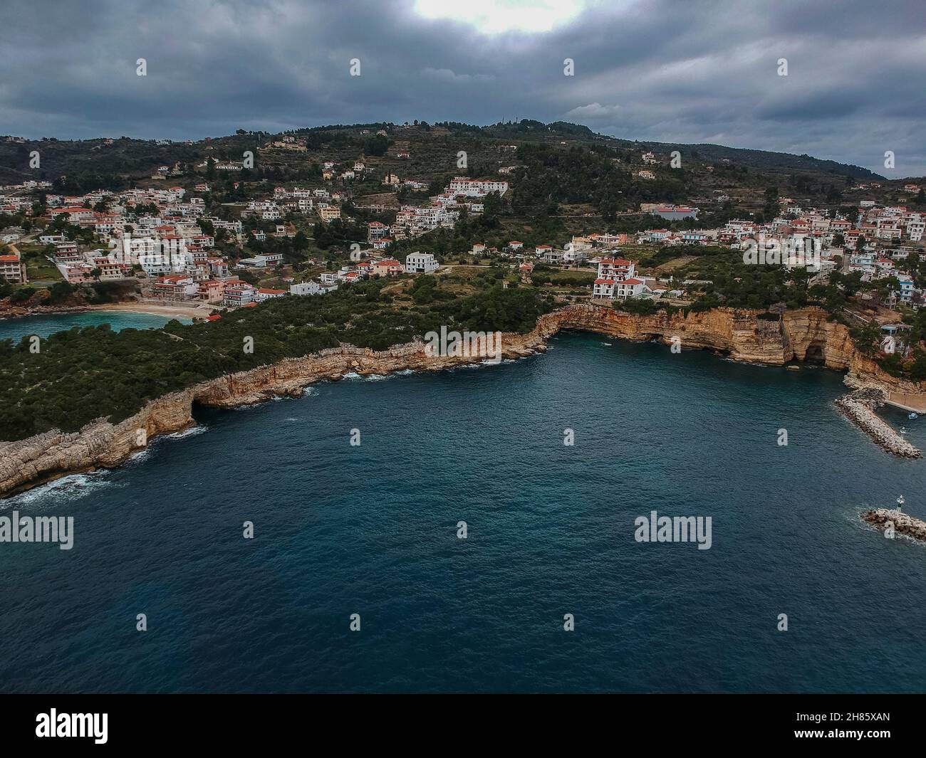 Aerial panoramic view over Votsi Beach in Alonnisos island. Sporades ...