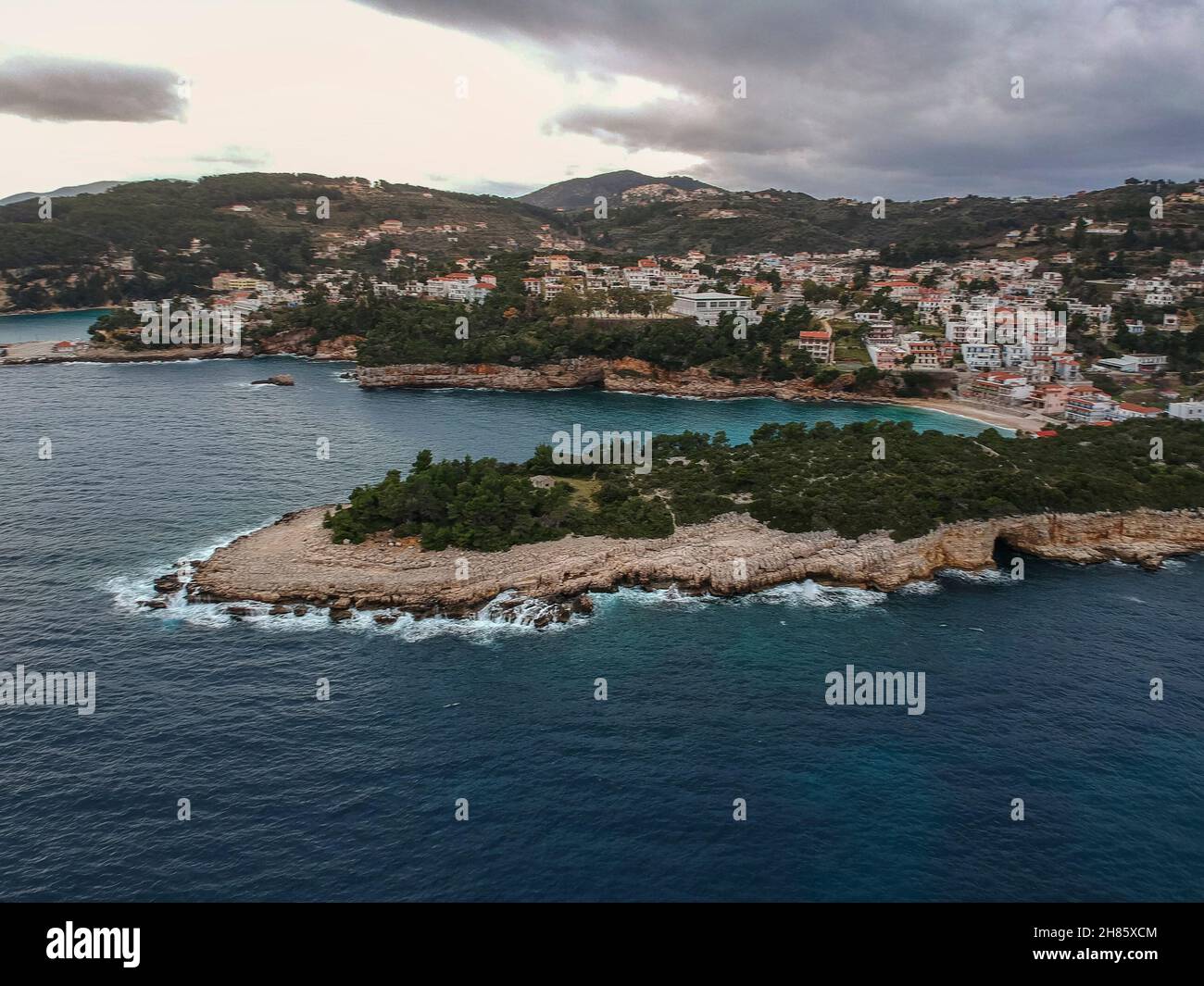 Aerial panoramic view over Votsi Beach in Alonnisos island. Sporades ...