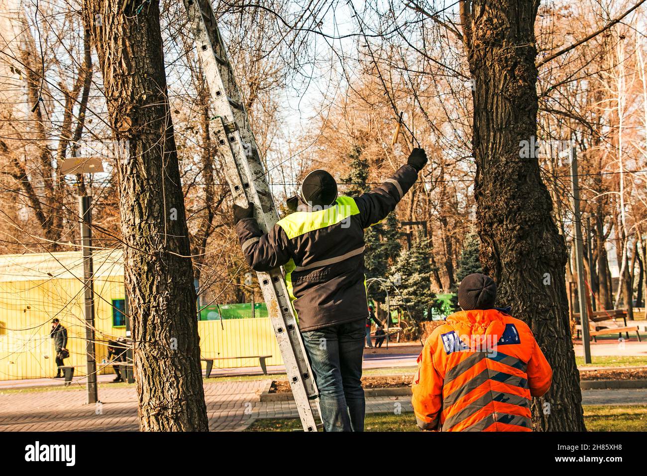 Municipal workers on a truck crane install and decorate trees in the ...