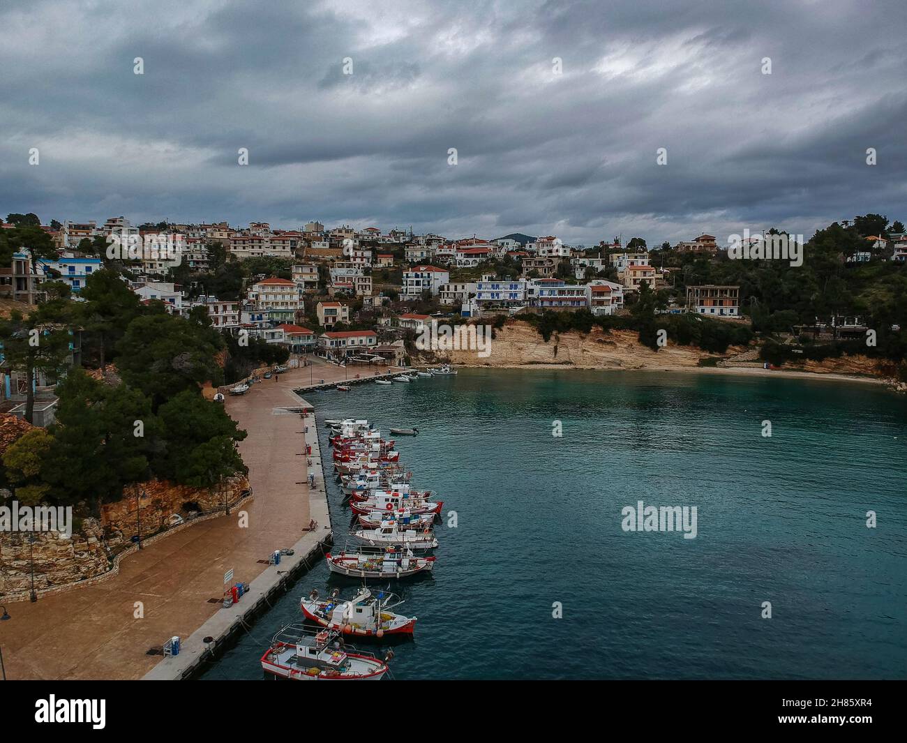 Aerial panoramic view over Votsi Beach in Alonnisos island. Sporades ...