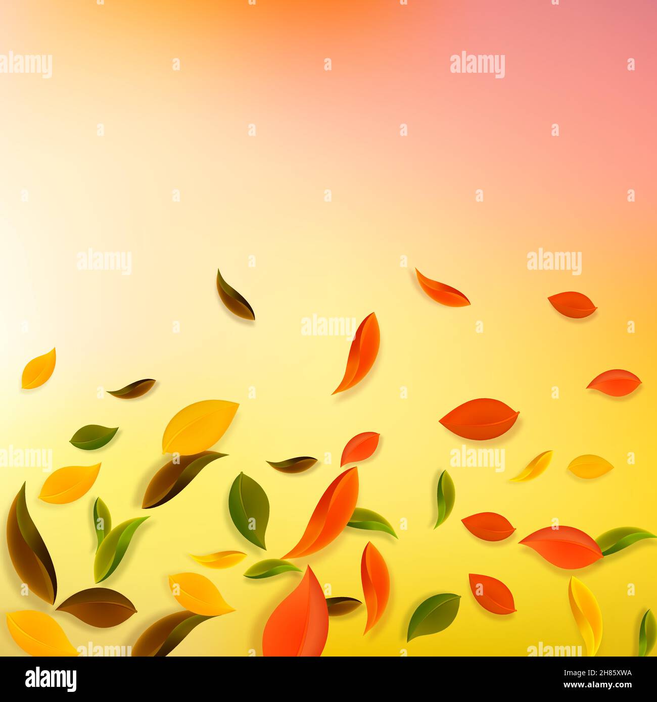 Falling autumn leaves. Red, yellow, green, brown chaotic leaves flying ...