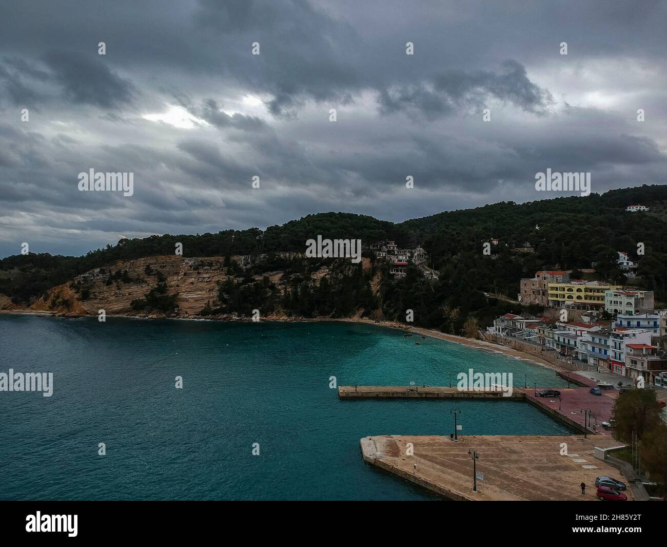 Aerial panoramic view over Votsi Beach in Alonnisos island. Sporades ...