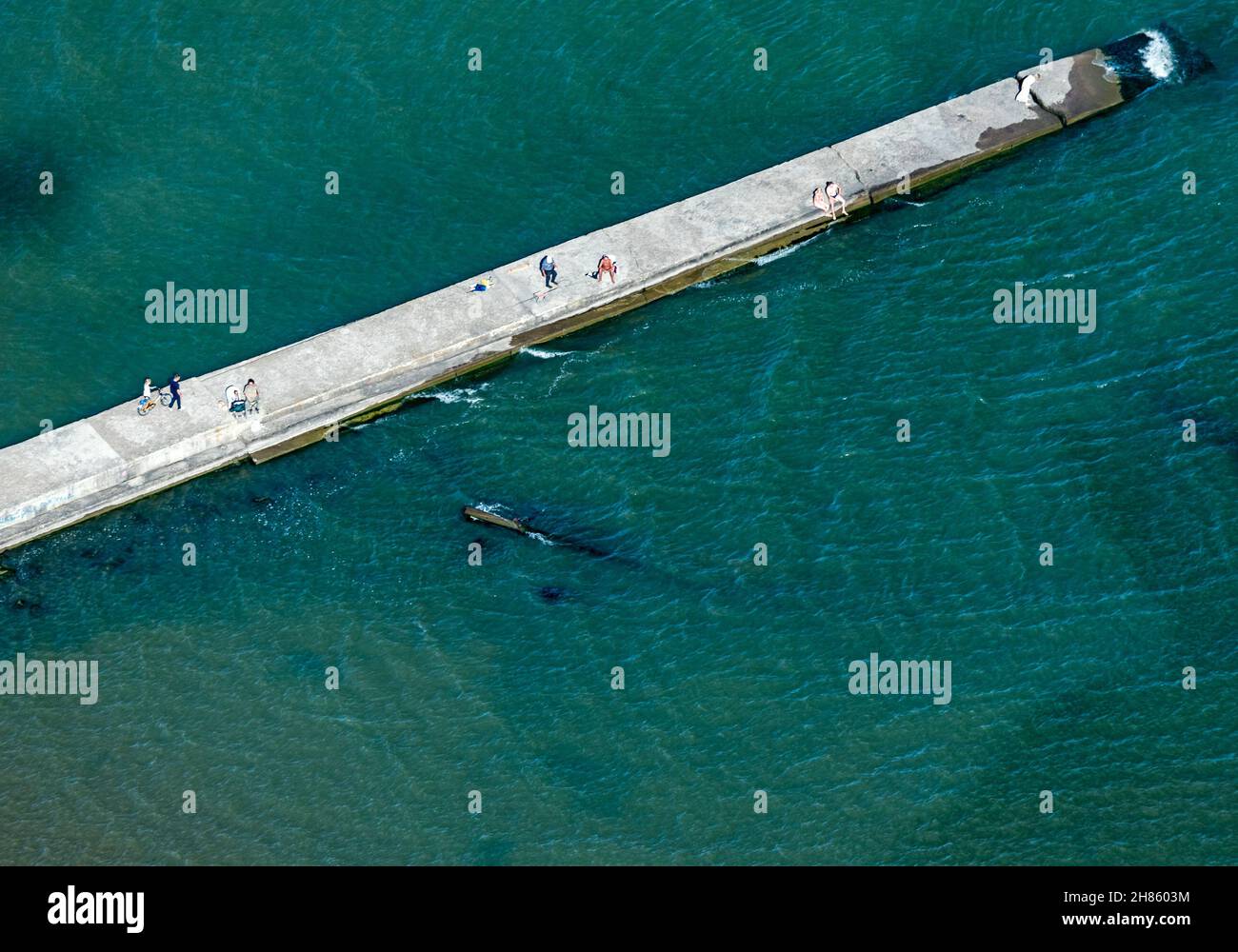 An aerial view of people on the port across Ob River in Novosibirsk ...