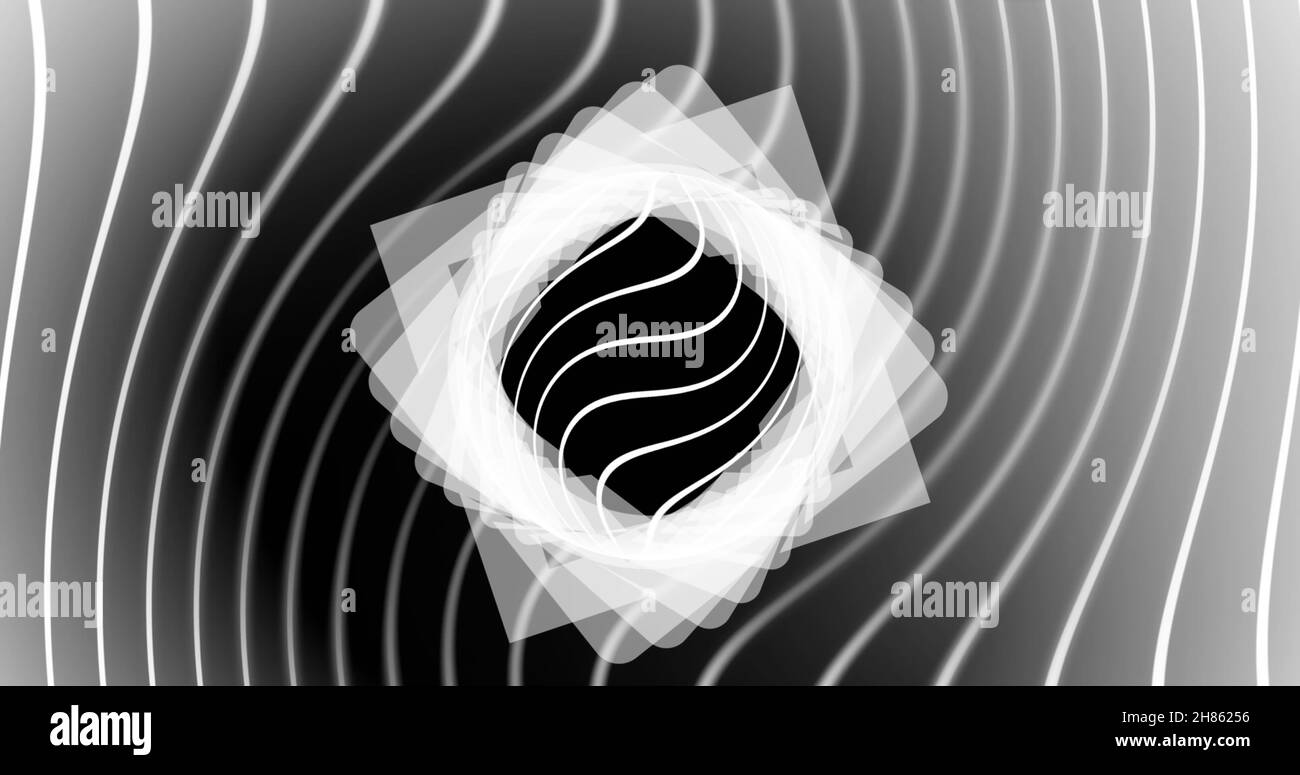 Image of circle and lines with spinning white shapes on black ...