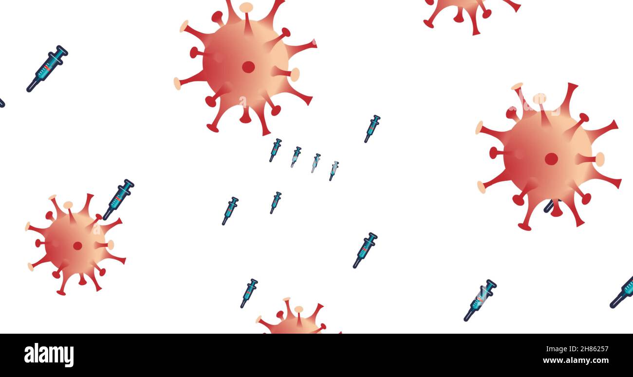 Image of falling covid 19 cells and syringes over white Stock Photo - Alamy