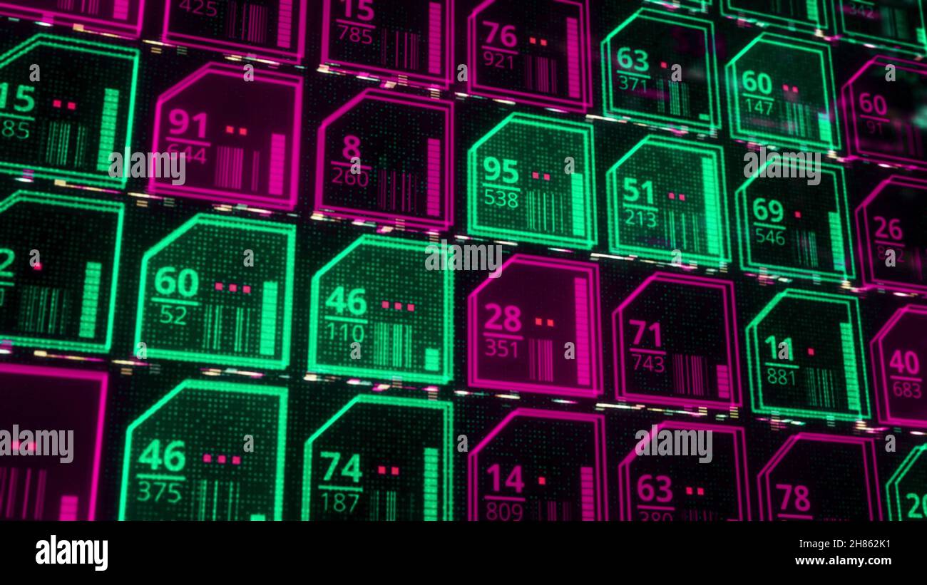 Abstract animation of colorful digital folders with flickering digits ...