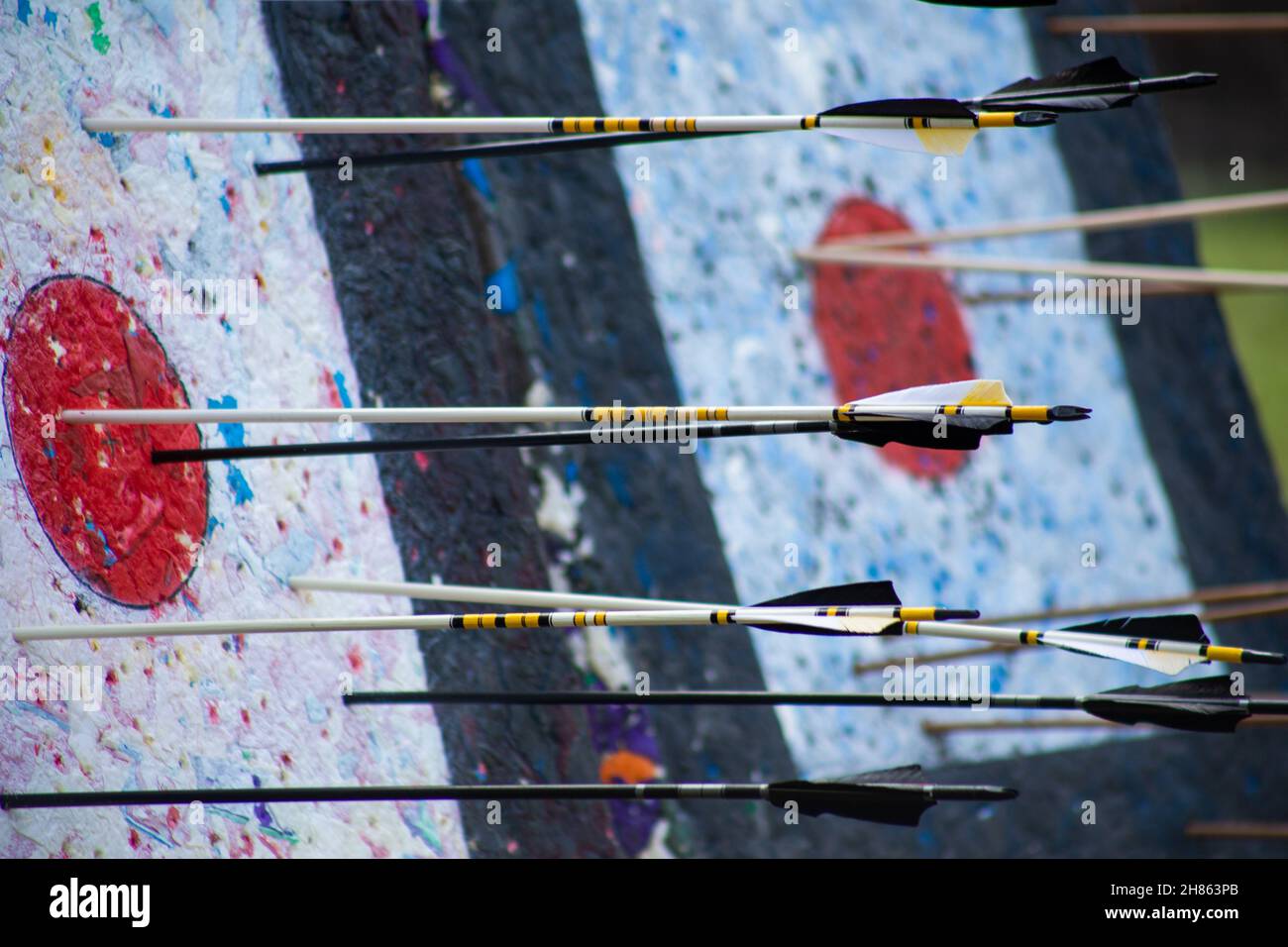 Many medieval arrows hit the target Stock Photo - Alamy