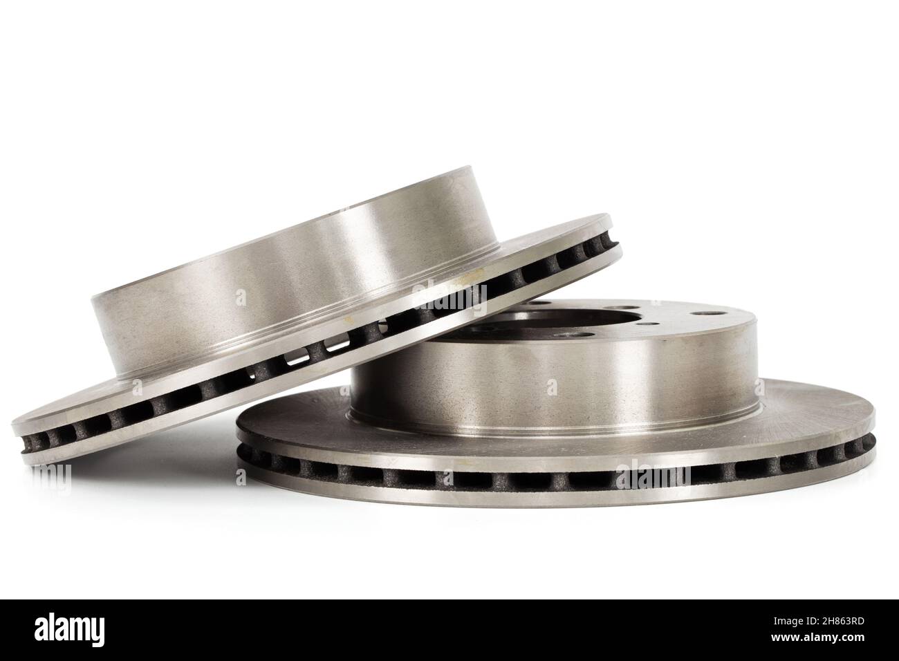 A pair of ventilated car brake discs, isolated on white background ...