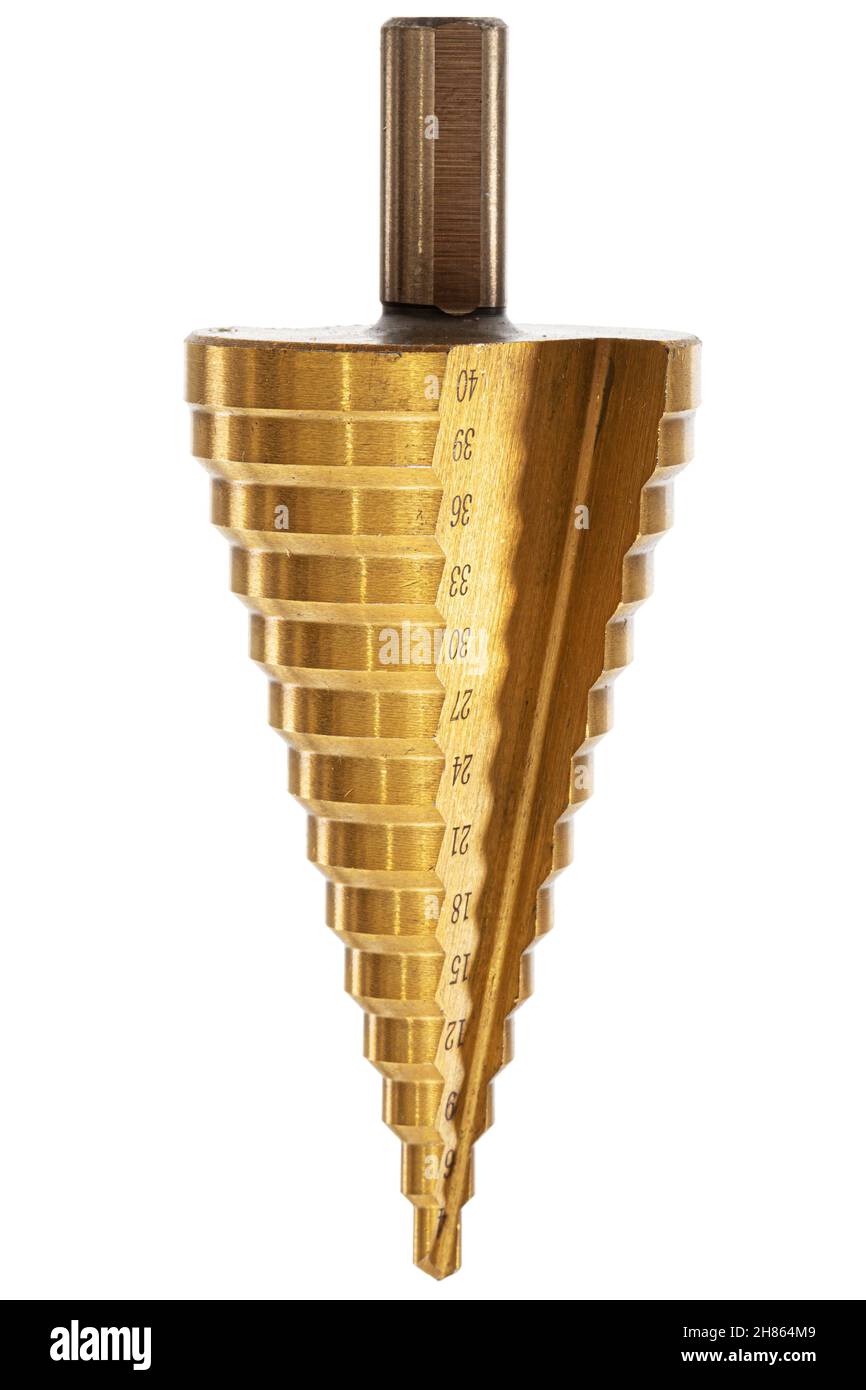 Conical step drill for drilling holes of different diameters, isolated ...